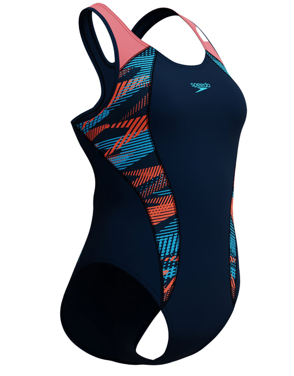 Speedo Placement Laneback Swimsuit - Navy/Coral | Simply Swim | Simply ...