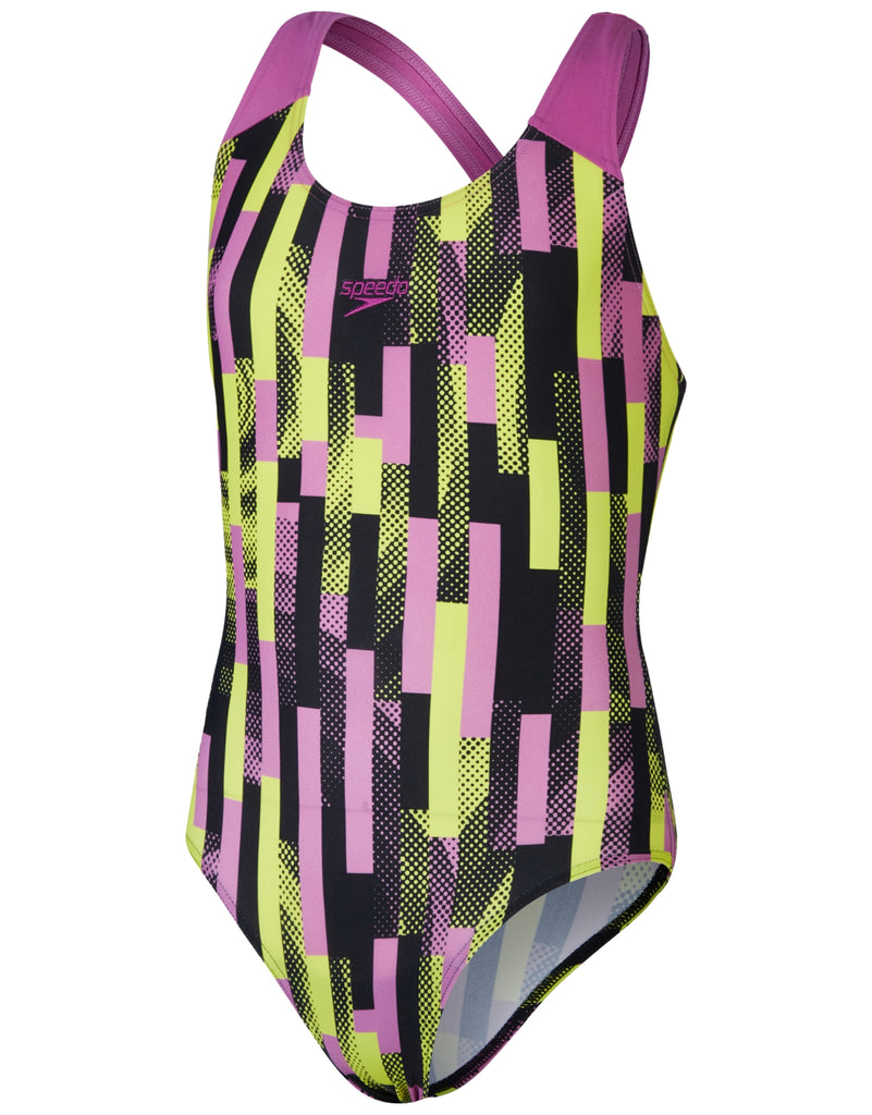 Speedo Girls Digital Allover Splashback Swimsuit - Black/Pink/Lemon ...